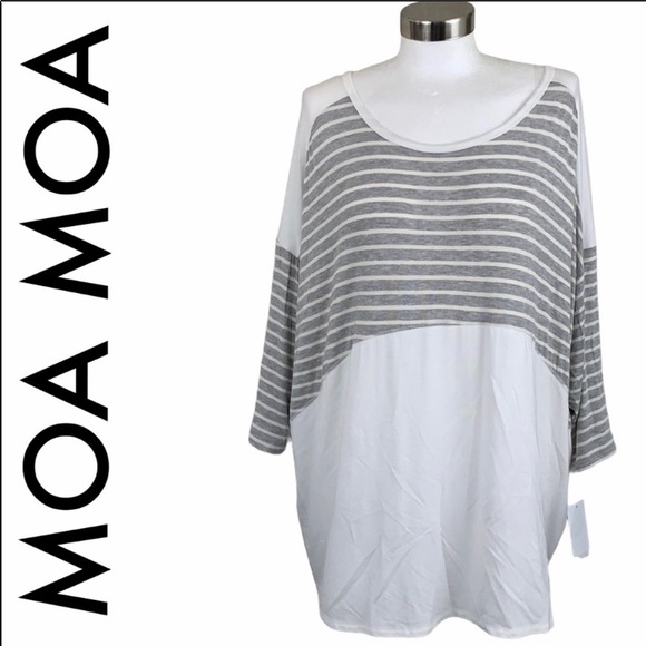 Moa Moa | Tops | New Moa Moa Woman Gray White Striped Lattice Top ...